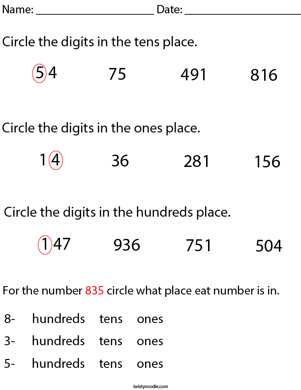 Place Value- Circle the Digits Math Worksheet - Twisty Noodle Place Value- Circle the Digits Math Worksheet - Twisty Noodle